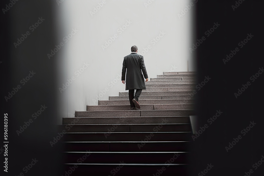 Business person going up and down stairs denoted as bar graphs ...