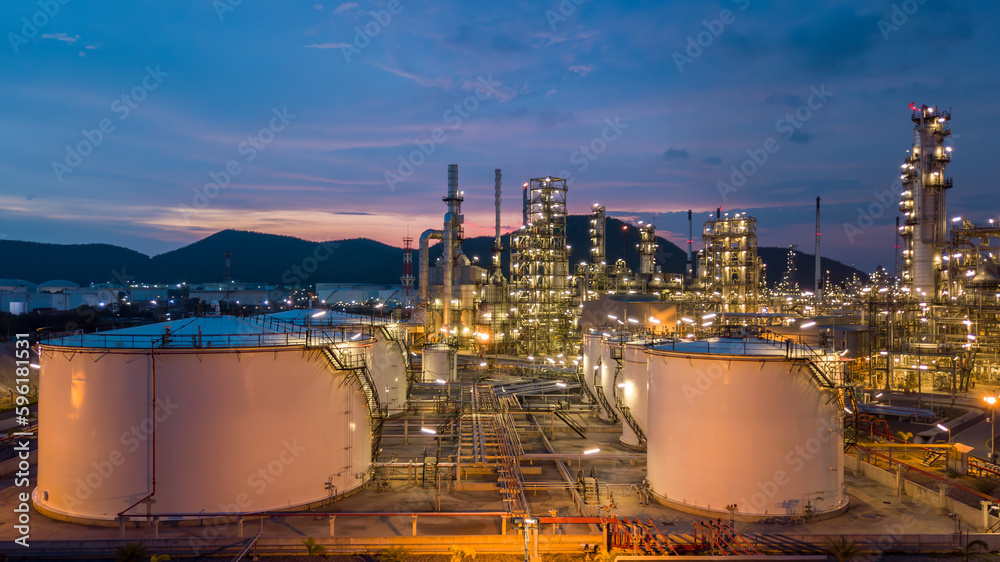 Aerial view white oil storage tank and oil refinery factory plant at ...