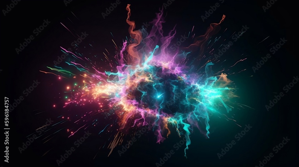 Bright explosion with smoke and lightning in neon light, wallpaper. generative AI Stock ...