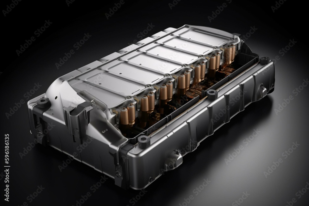 3D rendering of an EV battery pack in cutaway view against gray ...