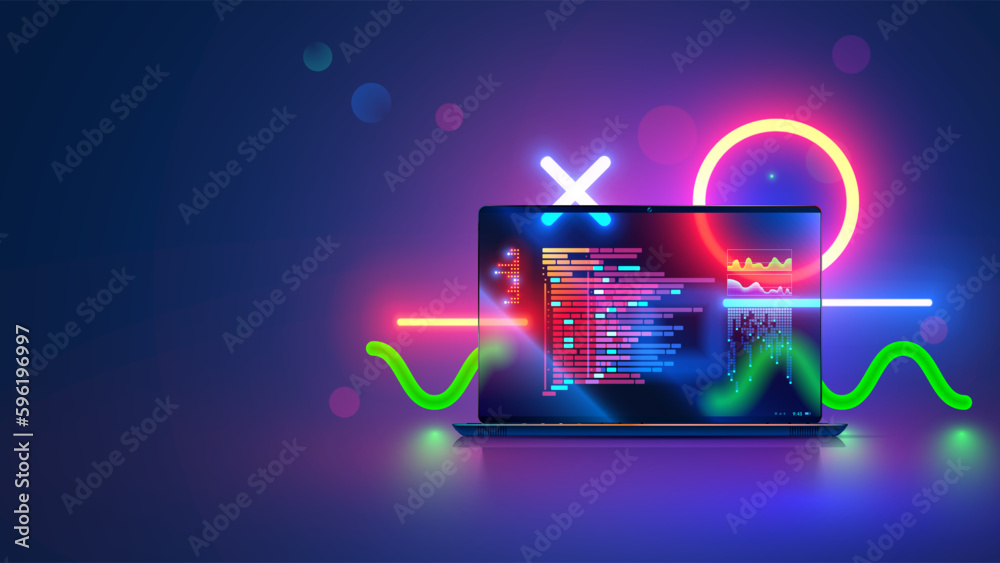 Vetor de Vector laptop with open screen on desk front view. Computer program code on screen ...