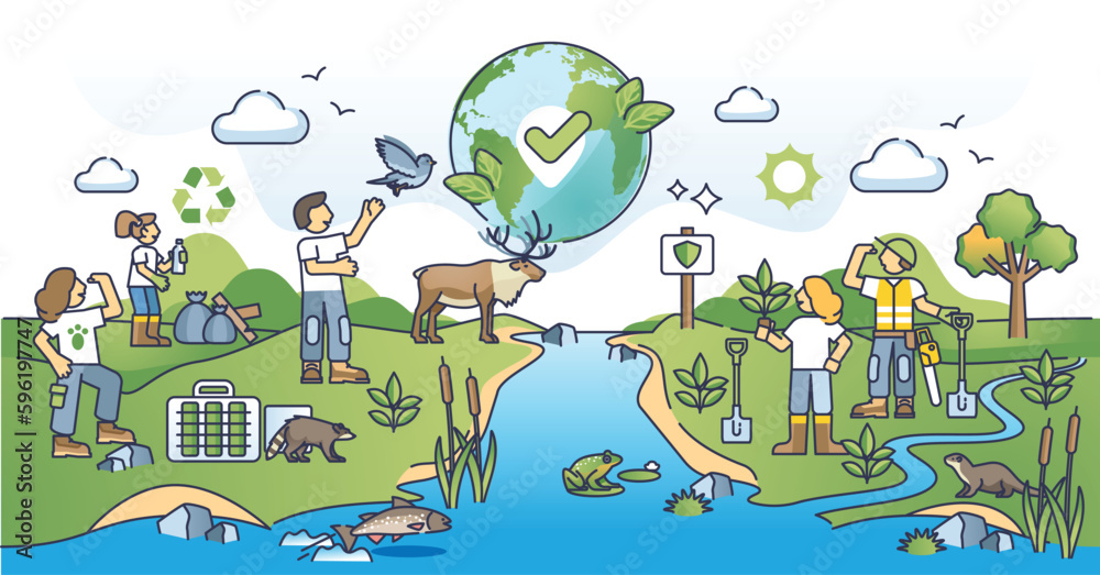 Vetor de Wildlife conservation and habitat restoration as green work ...