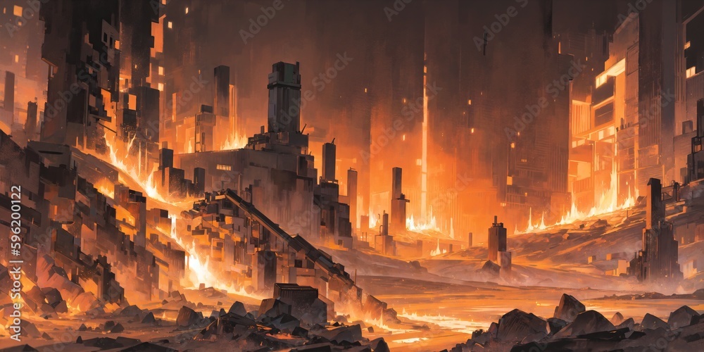 anime style background, landscape, hell, fire, flame, lava, city, town ...