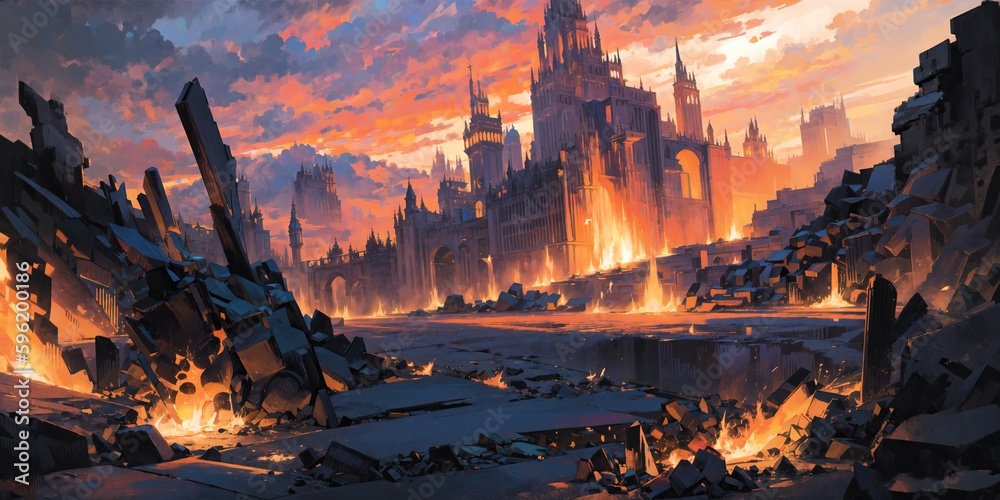 anime style background, landscape, hell, fire, flame, lava, city, town ...
