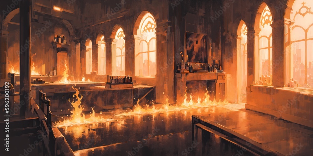 anime style background, landscape, hell, fire, flame, lava, city, town ...