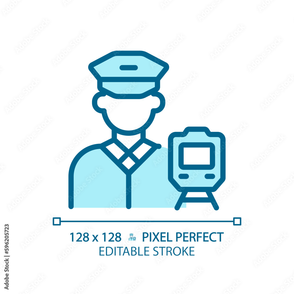 Train driver pixel perfect blue RGB color icon. Railroad occupation ...