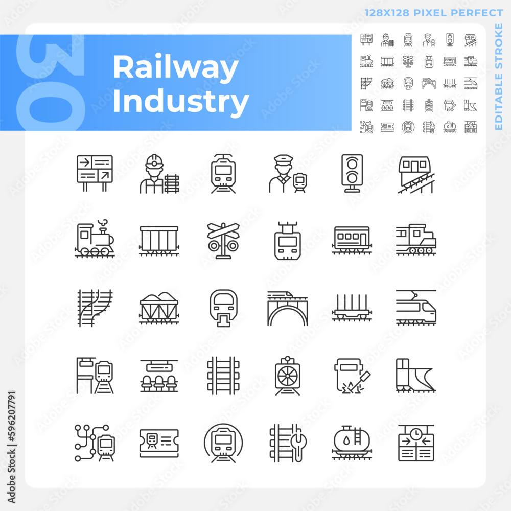 Railway industry pixel perfect linear icons set. Railroad company. Rail ...