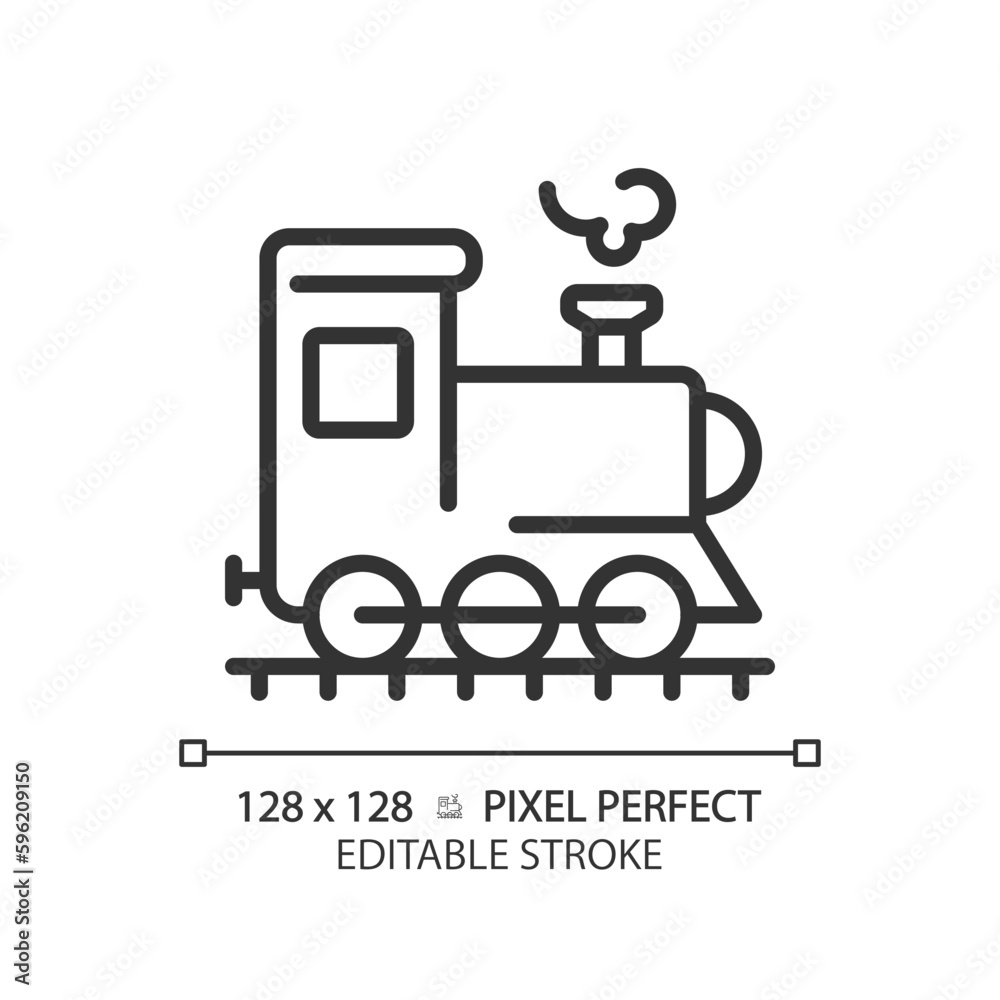 Steam locomotive pixel perfect linear icon. Rail vehicle. Retro train ...