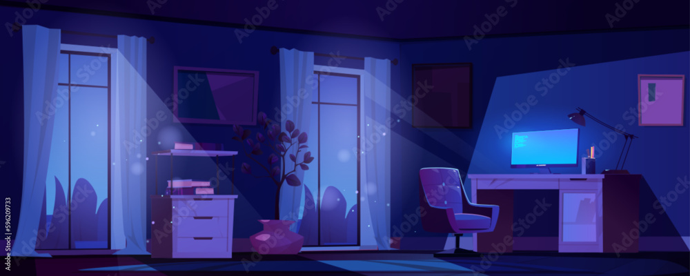 Night work office room with magic light vector background. Dark empty ...