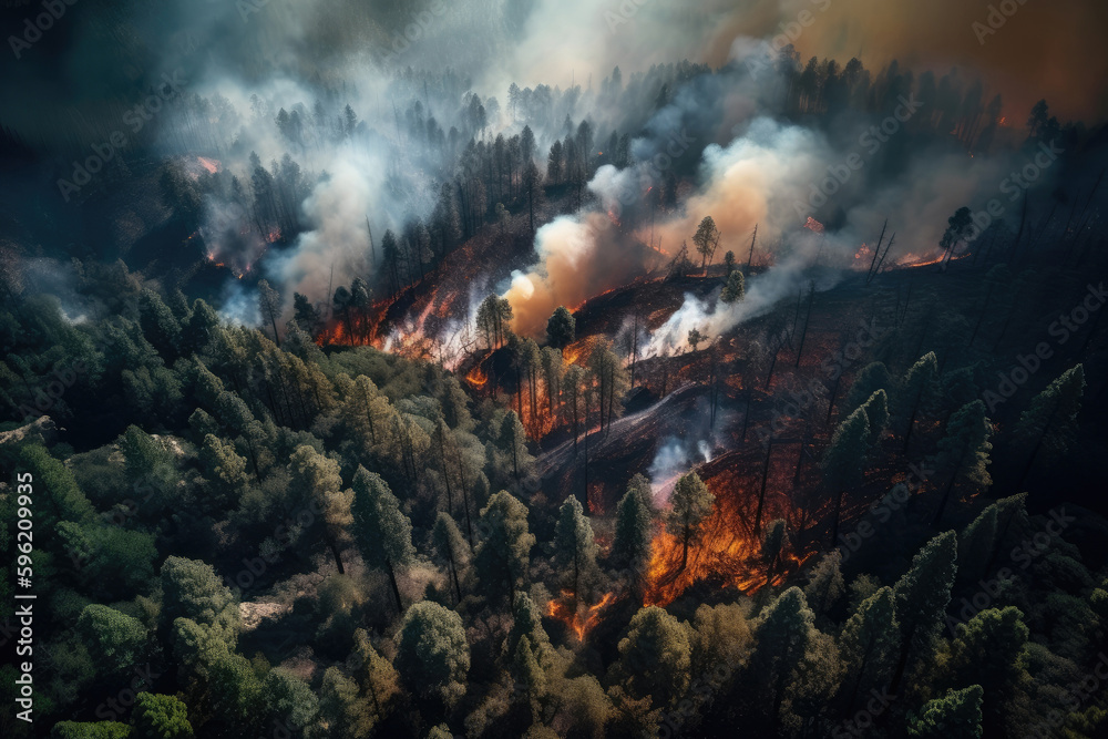Aerial view of a massive forest fire. Drone top view of wildfire with ...