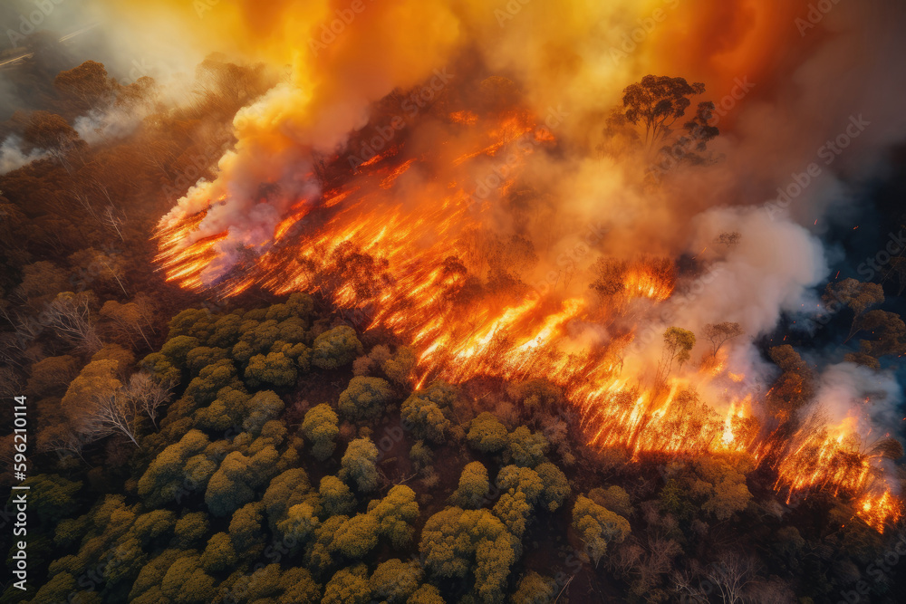 Aerial view of a massive forest fire. Drone top view of wildfire with ...