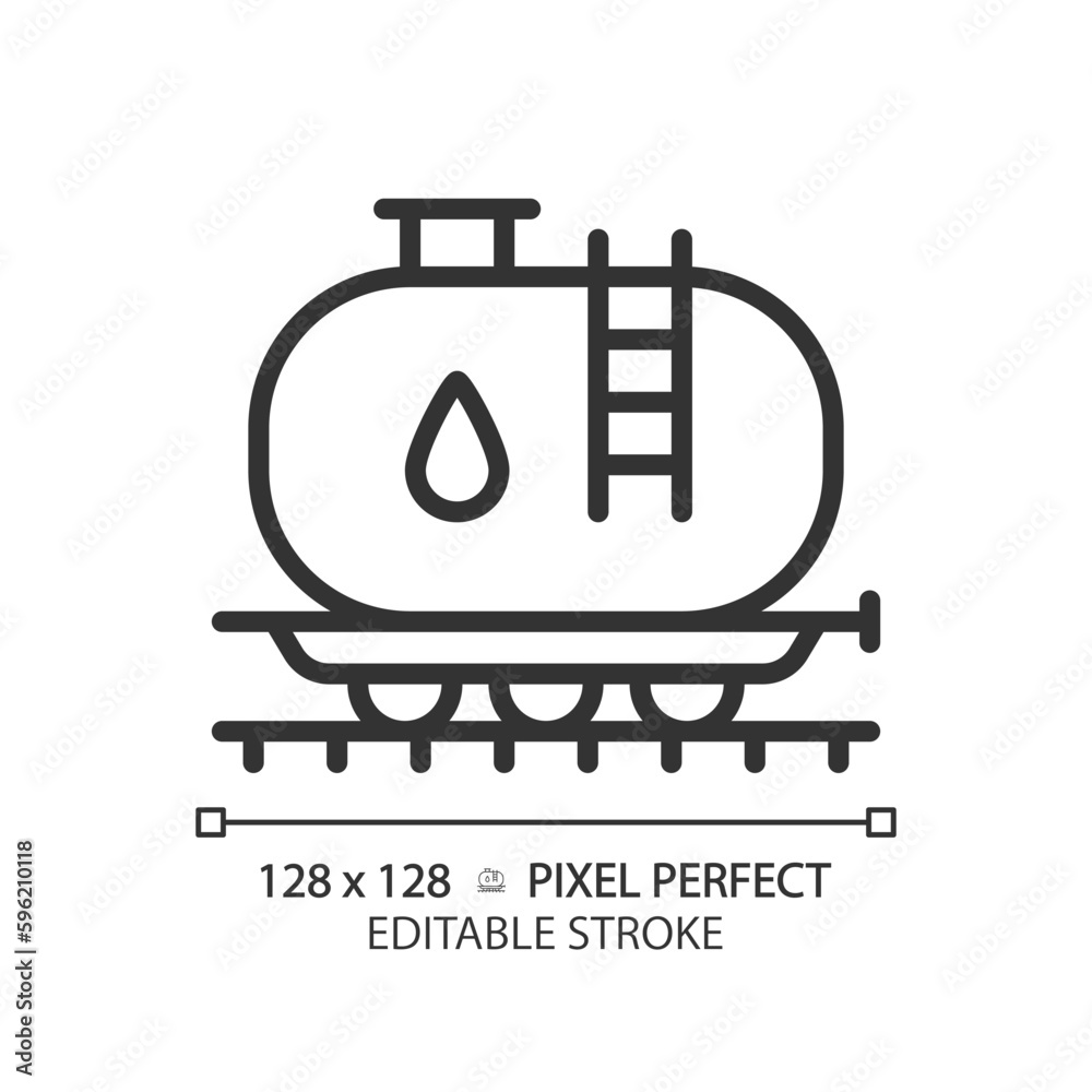 Tank car pixel perfect linear icon. Gasoline transportation. Railroad ...