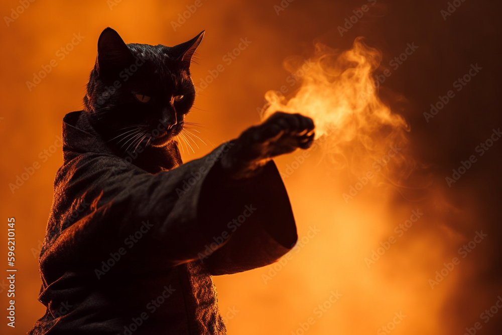 Cat martial artist silhouette stands in kimono, dark orange light with ...