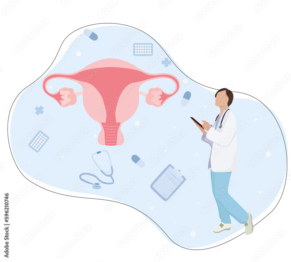 Doctor diagnosis of female organs uterus with appendages illustration ...