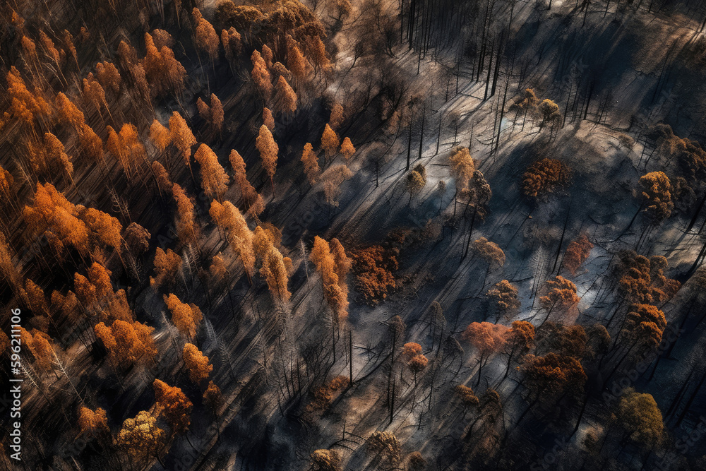 Aerial view of a massive forest fire. Drone top view of wildfire with smoke and burning trees ...