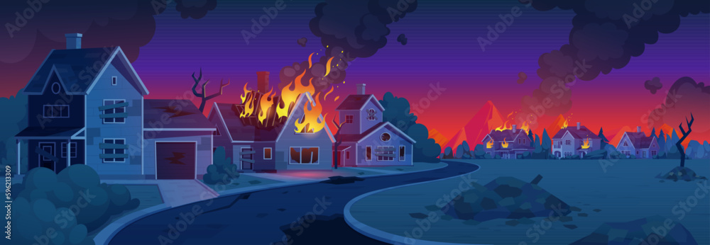 Apocalypse city road with fire building cartoon background. War on ...