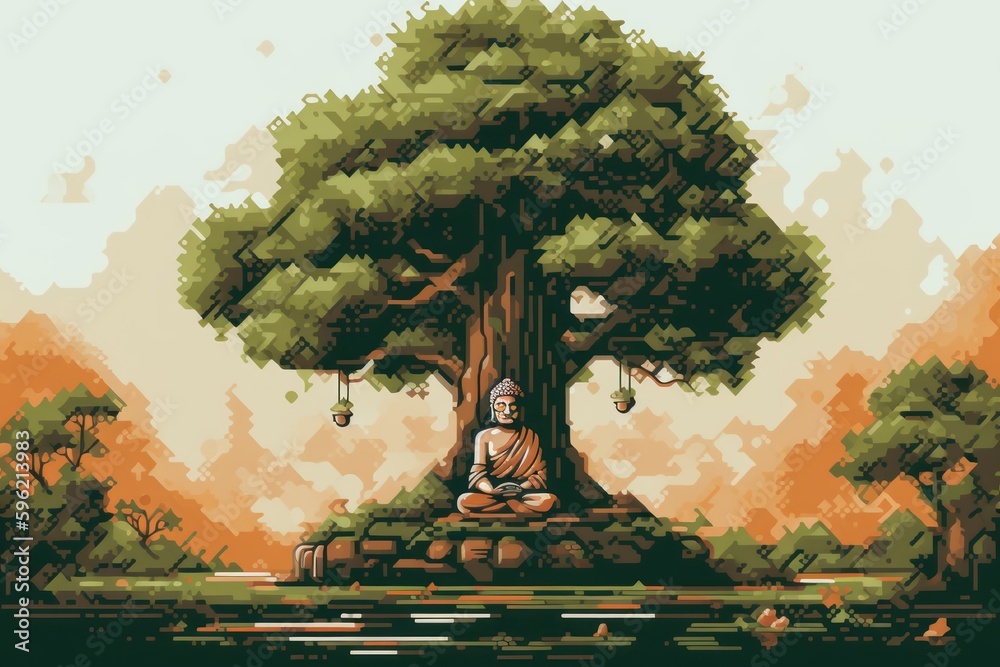 Buddha sitting under tree - Pixel art Stock Illustration | Adobe Stock