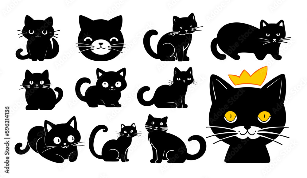 Cute black cat collection. Cartoon simple style. Vector illustration ...