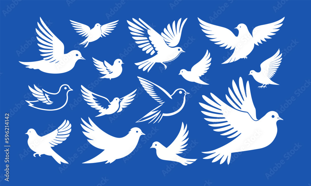 Dove flying collection, white logo set. Vector illustration. Stock ...