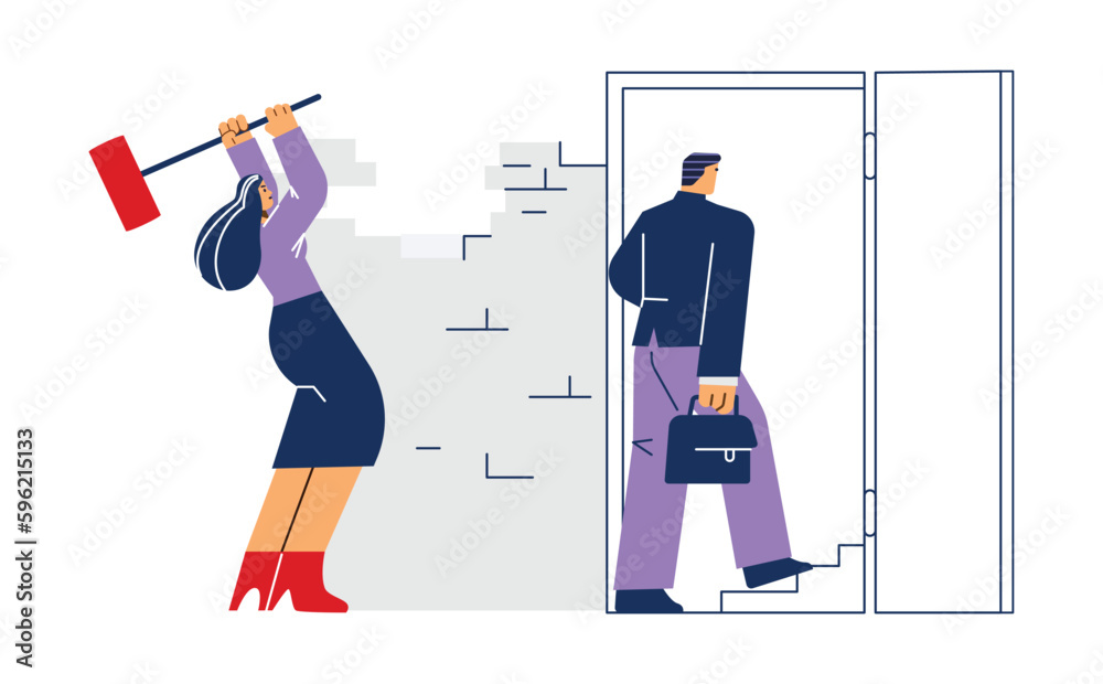 Career gender inequality and gap with woman forced to fight, vector ...