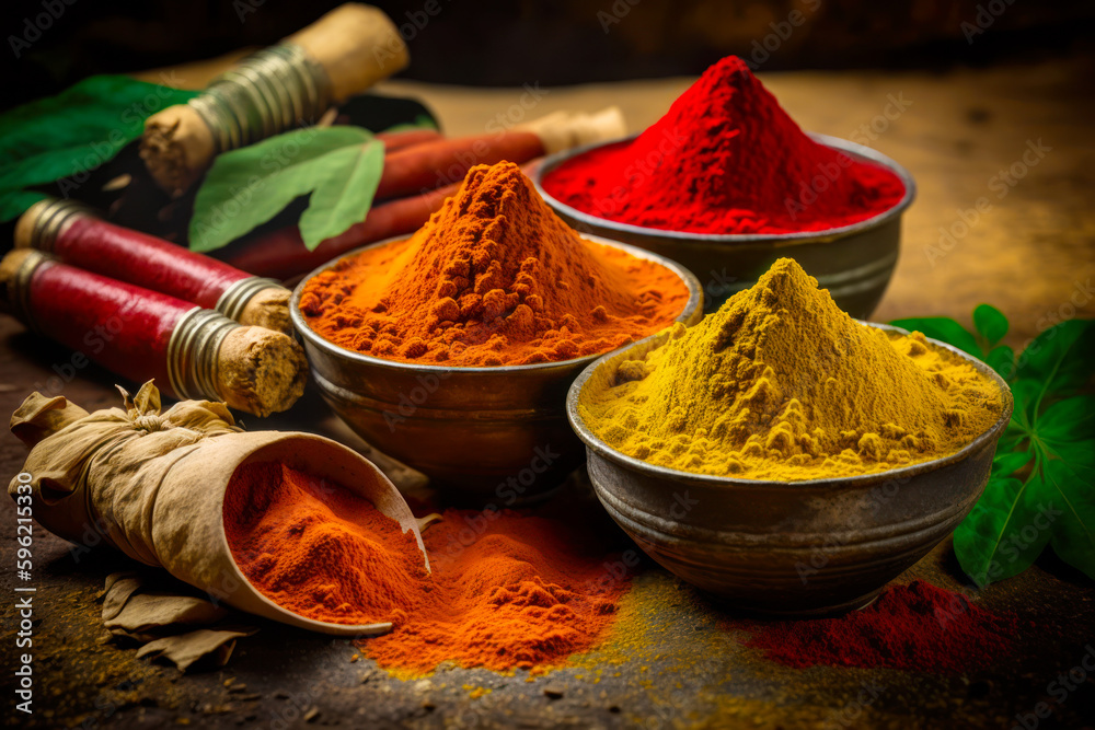 Table topped with bowls filled with lots of different colored powdered ...
