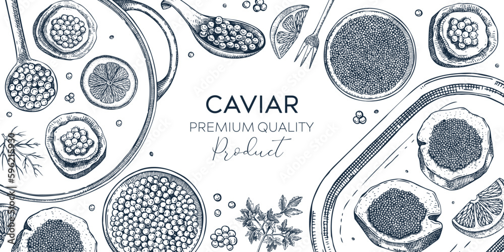 Seafood platter frame in vintage style. Red caviar canape, black caviar ...