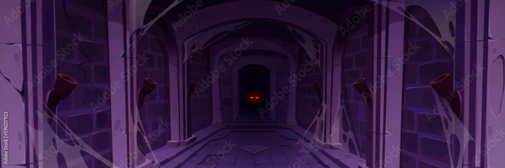 Abandoned castle cave for medieval game cartoon. Creature eye glow in ...
