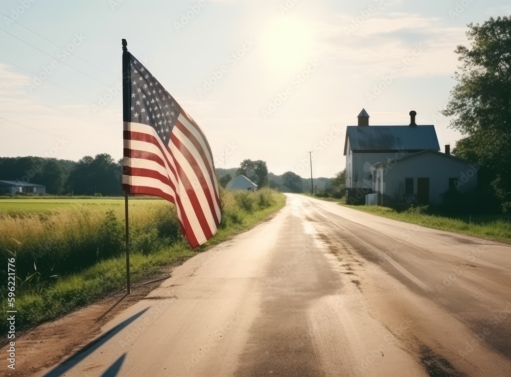 American flag fluttering in the breeze on a deserted main street on ...