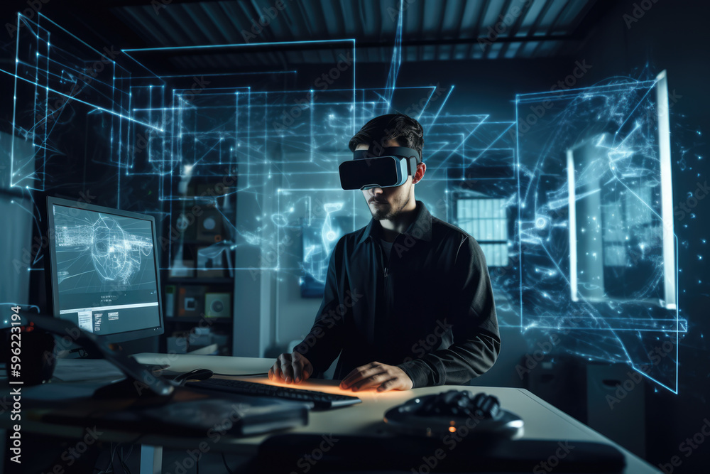 Office worker man in vr helmet. Male using Virtual reality display in ...