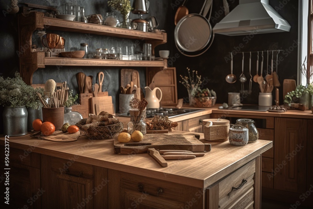 Cozy kitchen design with rustic backdrop and utensil accents ...