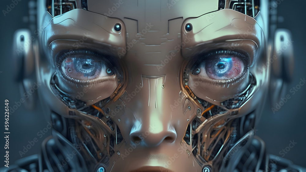 Futuristic Robot face with digital virtual HUD elements. Closeup ...