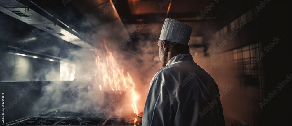 A chef entering his battleground. Chef in an restaurant kitchen, flame ...