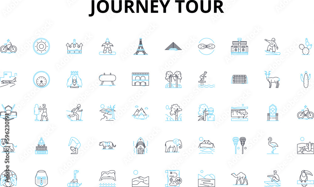 Journey tour linear icons set. Trek, Adventure, Expedition, Excursion ...