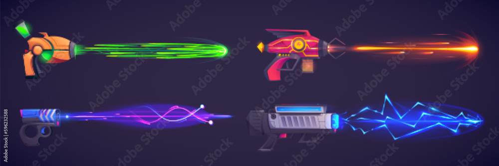 Cartoon set of futuristic game laser guns isolated on black background ...