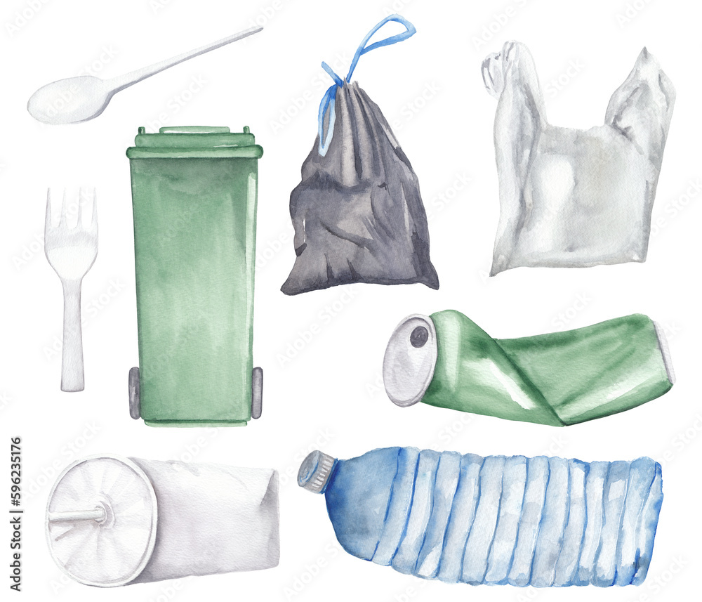 Garbage watercolor clipart isolated on white background, Cut file and ...