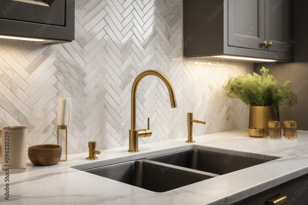 An image focusing on the sink in a high end kitchen with a herringbone ...