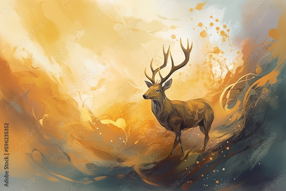 Golden deer in the sky illustration. opulent digital paintings of ...