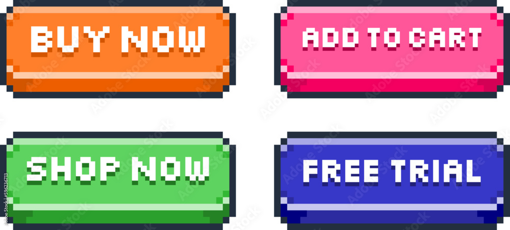 4 pixel art ecommerce buy buttons for online store with dot fonts Stock ...