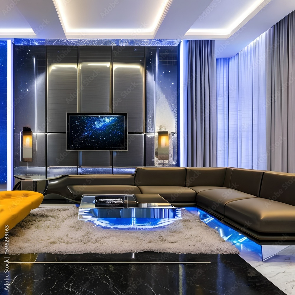 1 A futuristic, space-inspired living room with a mix of metallic and ...