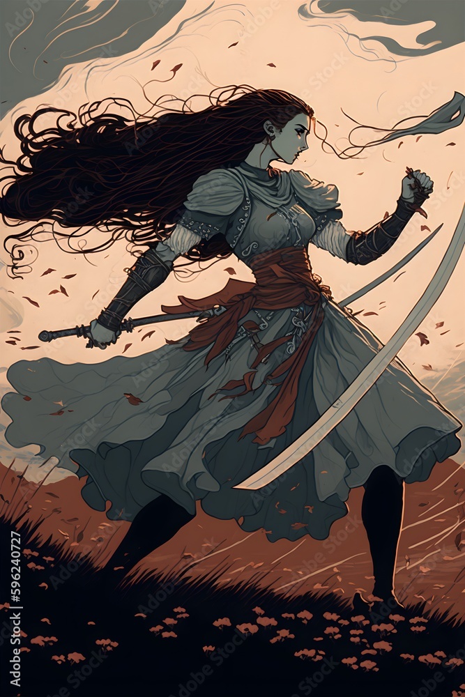 female warrior in flowing armor dancing with a scimitar in combat on an ...