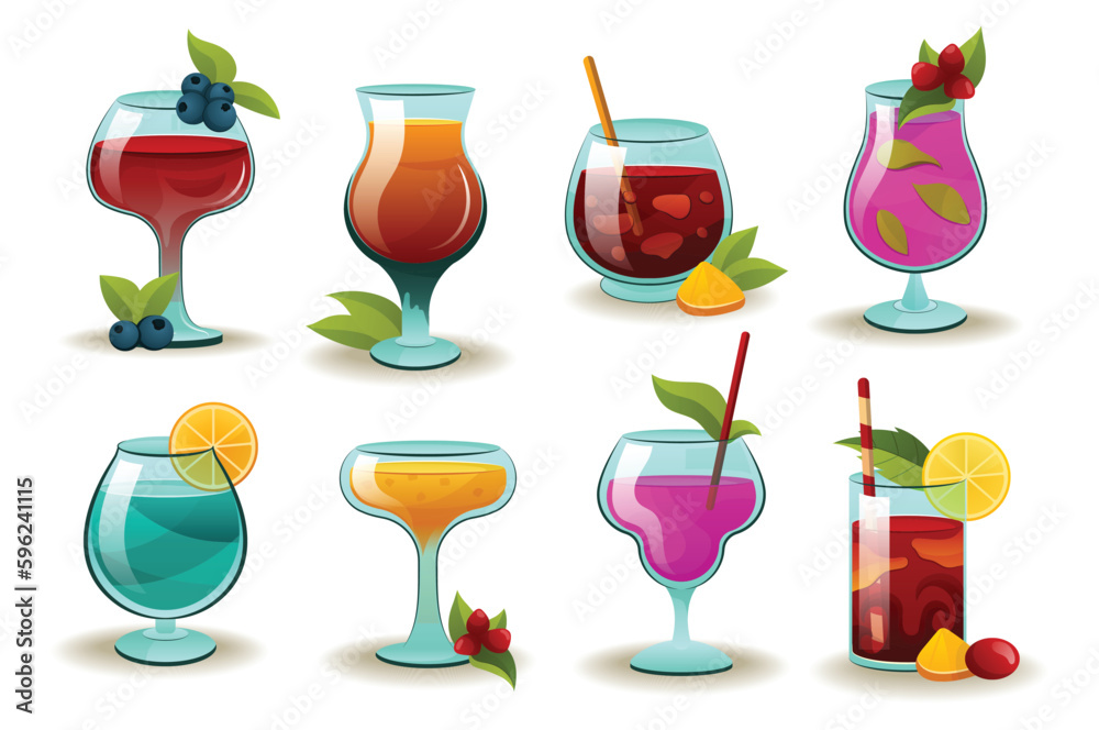 Concept cocktails. A set of flat cartoon design illustrations featuring ...