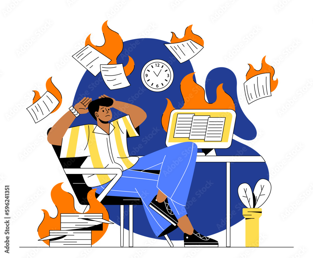 Office stress concept. Man sits on armchair near burning papers ...