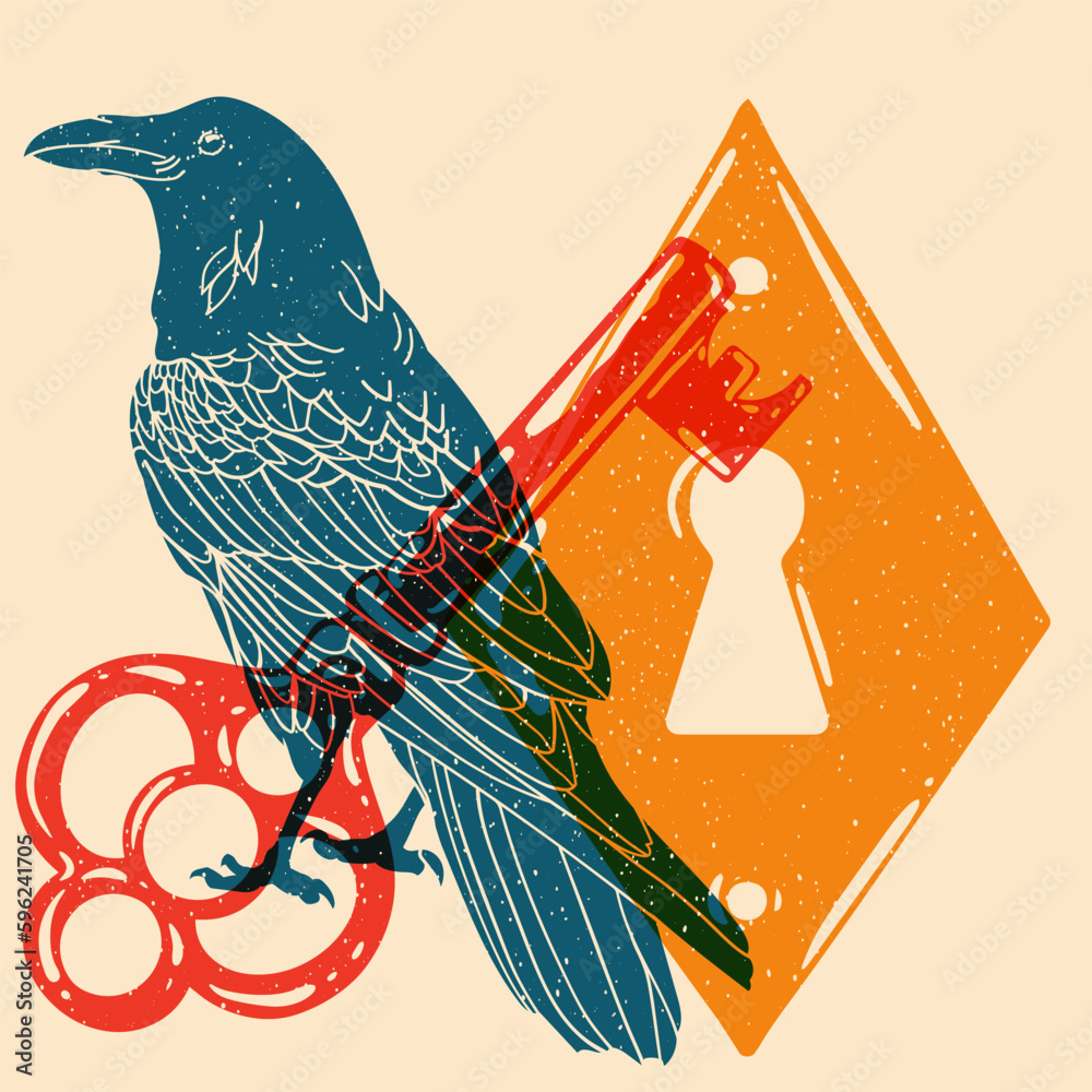 Raven with a key near the lock. Colorful cute screen printing effect ...