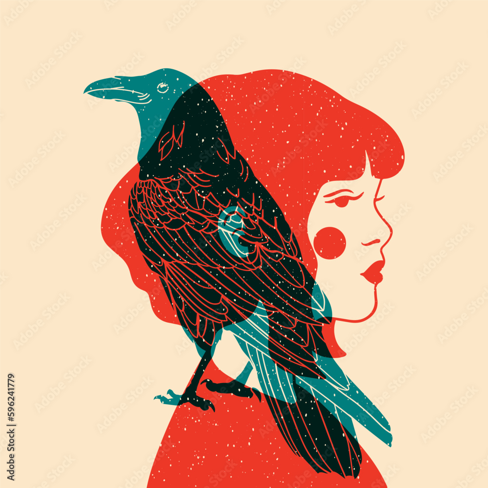 Girl with Raven. Colorful cute screen printing effect. Riso print ...