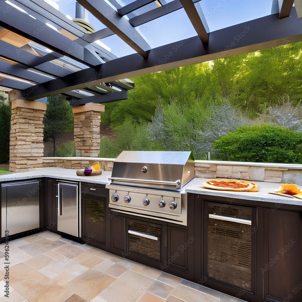 2 A custom-built outdoor kitchen with a pizza oven, grill, and sink for ...