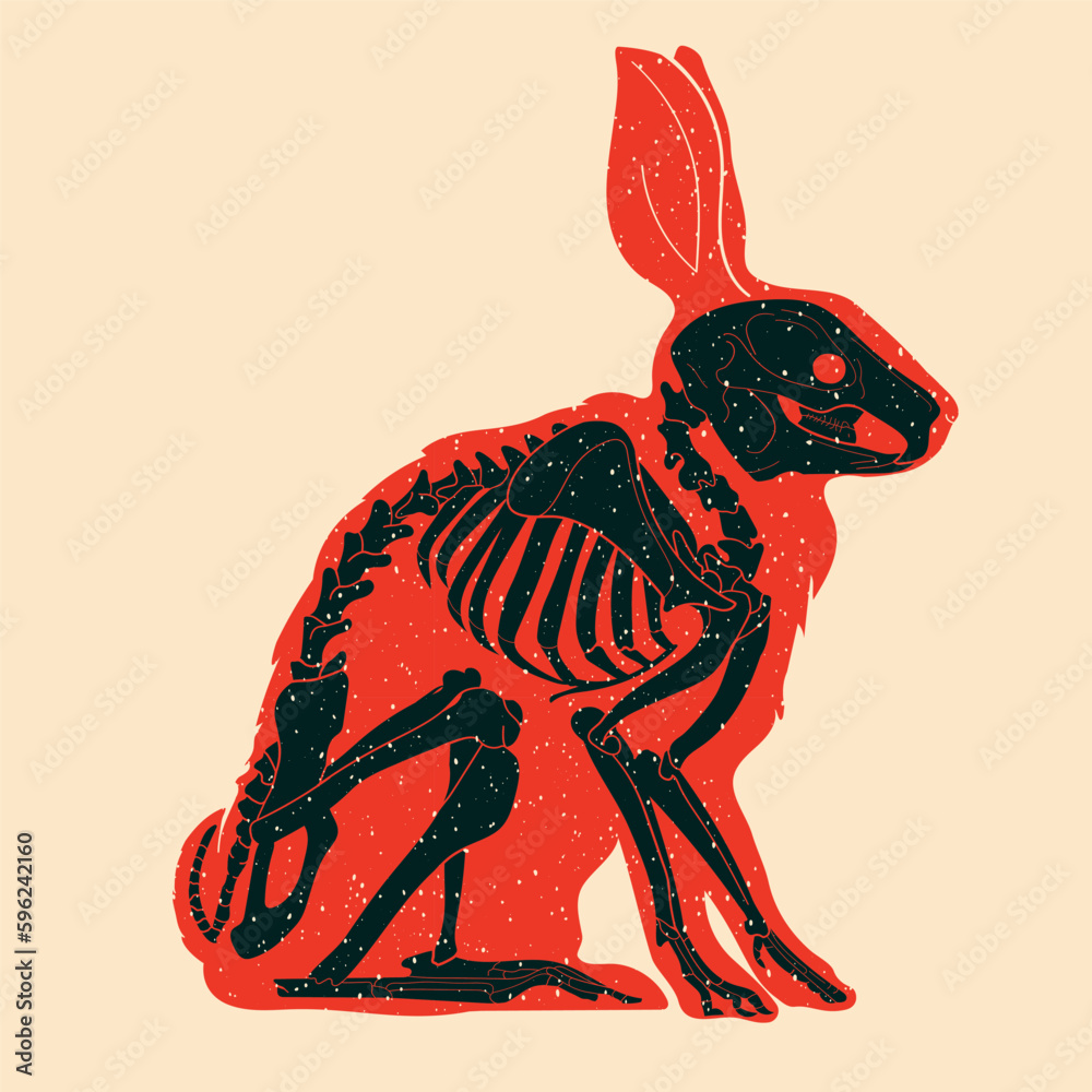 Skeleton of rabbit, bunny. Colorful cute screen printing effect. Riso ...