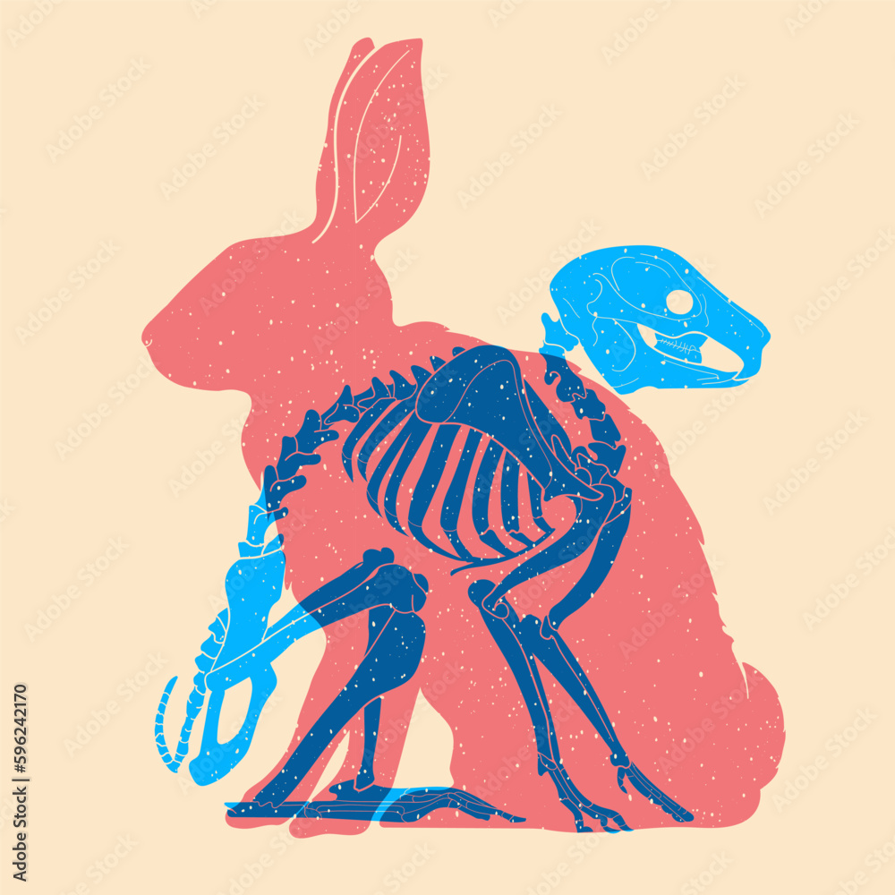 Skeleton of rabbit, bunny. Colorful cute screen printing effect. Riso ...