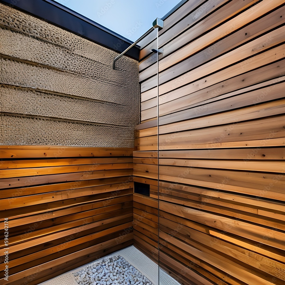 8 An outdoor shower with a wooden privacy screen and a pebble floor5 ...