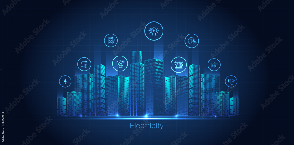 Electric power symbol, lightning bolt sign with icons glowing, green ...