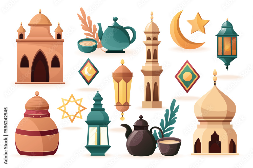 Concept Ramadan. A set of flat, cartoon-style Ramadan elements designed ...